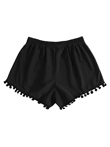Verdusa Women's Pom Pom Trim Elastic Waist Swimsuit Bottom Boy Shorts Black L
