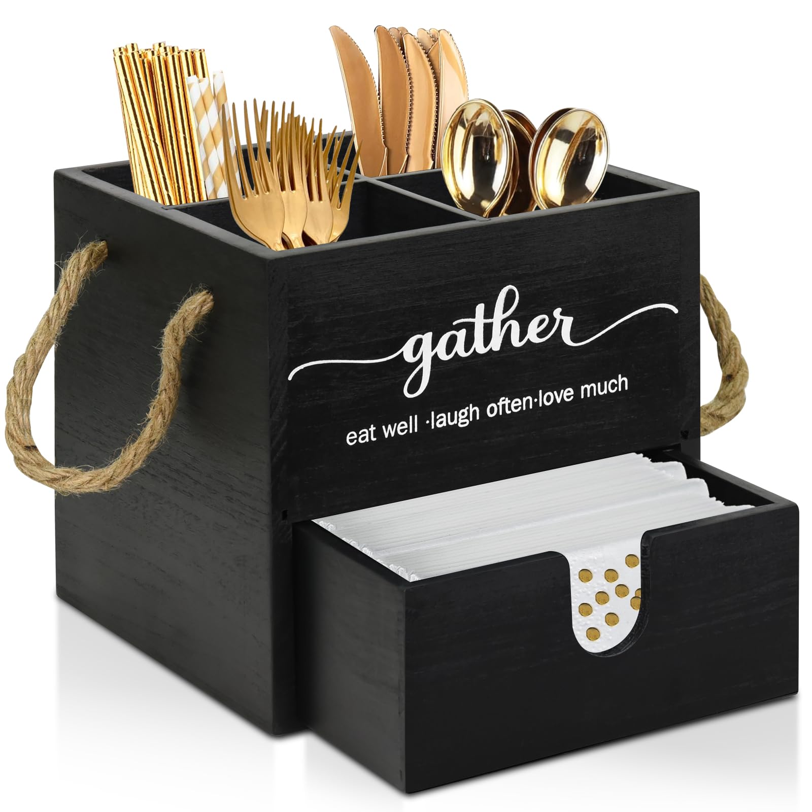 Updesign Silverware Caddy with Drawer, Flatware Organizer for Kitchen Countertop, Utensil Holder with Napkin Holder, Multifunctional Kitchen Cutlery Organizer for Forks, Knives, Spoons, Napkins, Cups