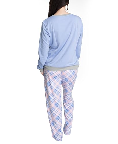 Hanes Women's Holiday Hibernation Longsleeve Top and Pajama Bottom French Terry Sleep and Lounge Set, Blue/Sugar Plaid, Large