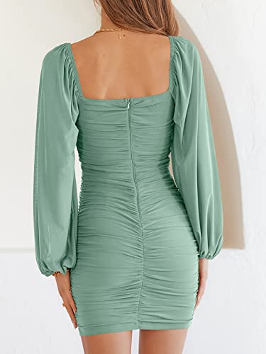 ANRABESS Women Long Sleeve Square Neck Mesh Ruched Bodycon Mini Dress Party Club Cocktail Formal Wedding Guest Short Dresses Light Green Medium