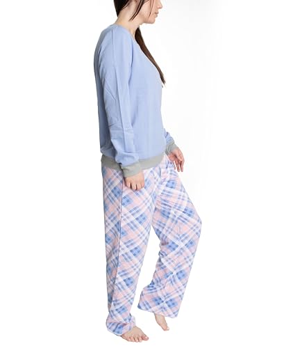 Hanes Women's Holiday Hibernation Longsleeve Top and Pajama Bottom French Terry Sleep and Lounge Set, Blue/Sugar Plaid, Large