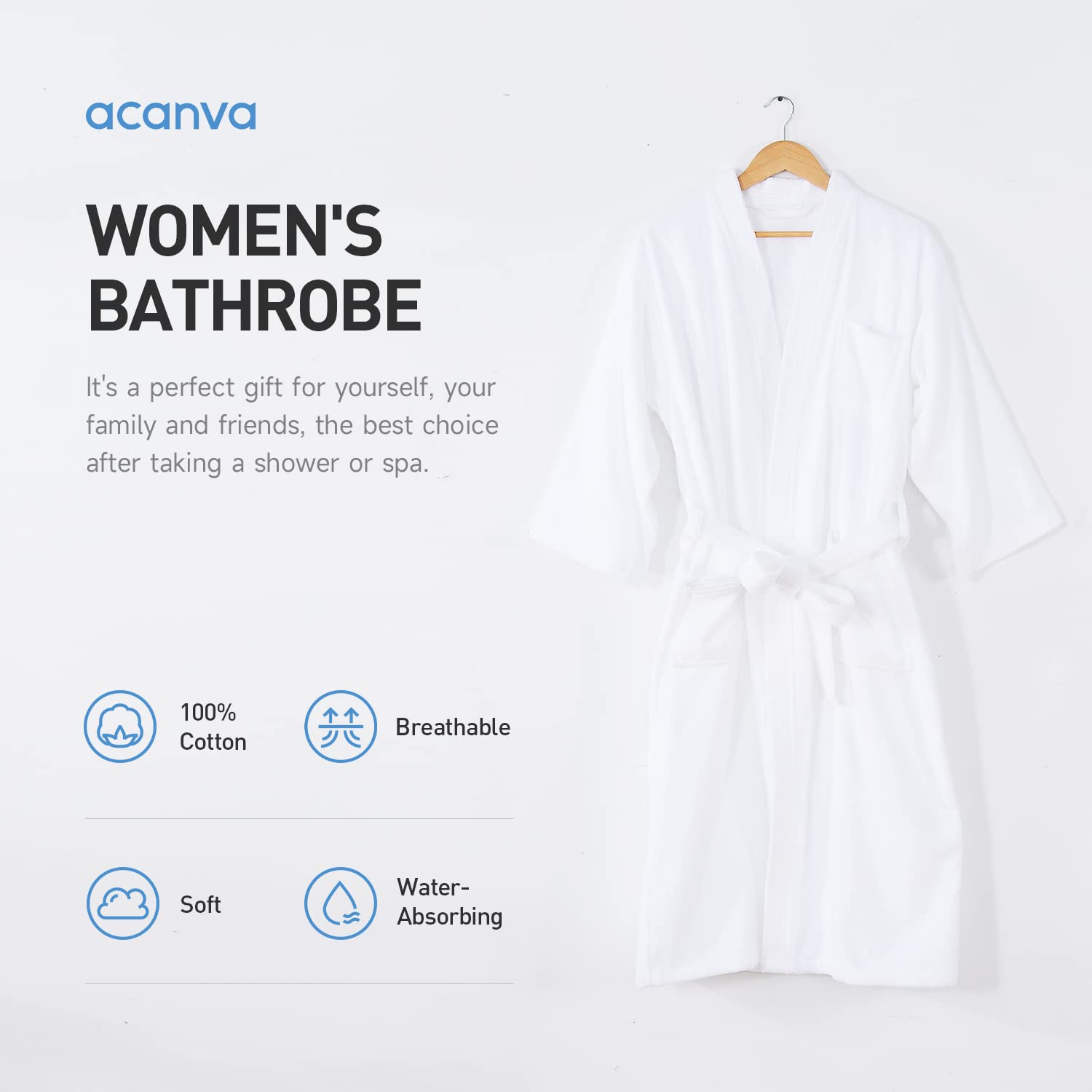 Acanva 100% Cotton Women Bathrobe Plush Soft Towel Robe with Waist Front Tie and Side Pockets for Spa Shower & Hotel, White