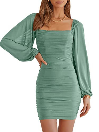 ANRABESS Women Long Sleeve Square Neck Mesh Ruched Bodycon Mini Dress Party Club Cocktail Formal Wedding Guest Short Dresses Light Green Medium