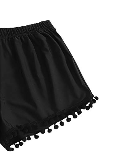 Verdusa Women's Pom Pom Trim Elastic Waist Swimsuit Bottom Boy Shorts Black L
