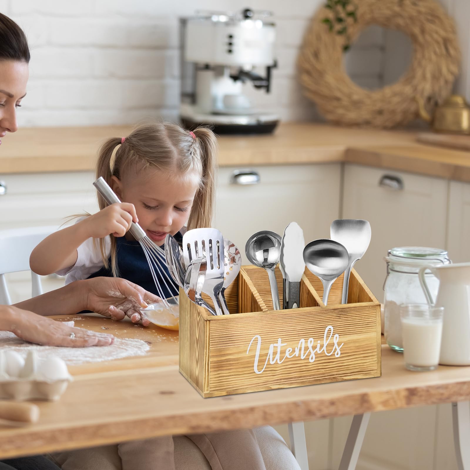 LADESIGGN Kitchen Utensil Holder with 3 Compartments, Farmhouse Kitchen Decor Utensil Holder, Cooking Tools Silverware Caddy, Kitchen Countertop Utensil Holder for Silverware Fork Spoon Spatula