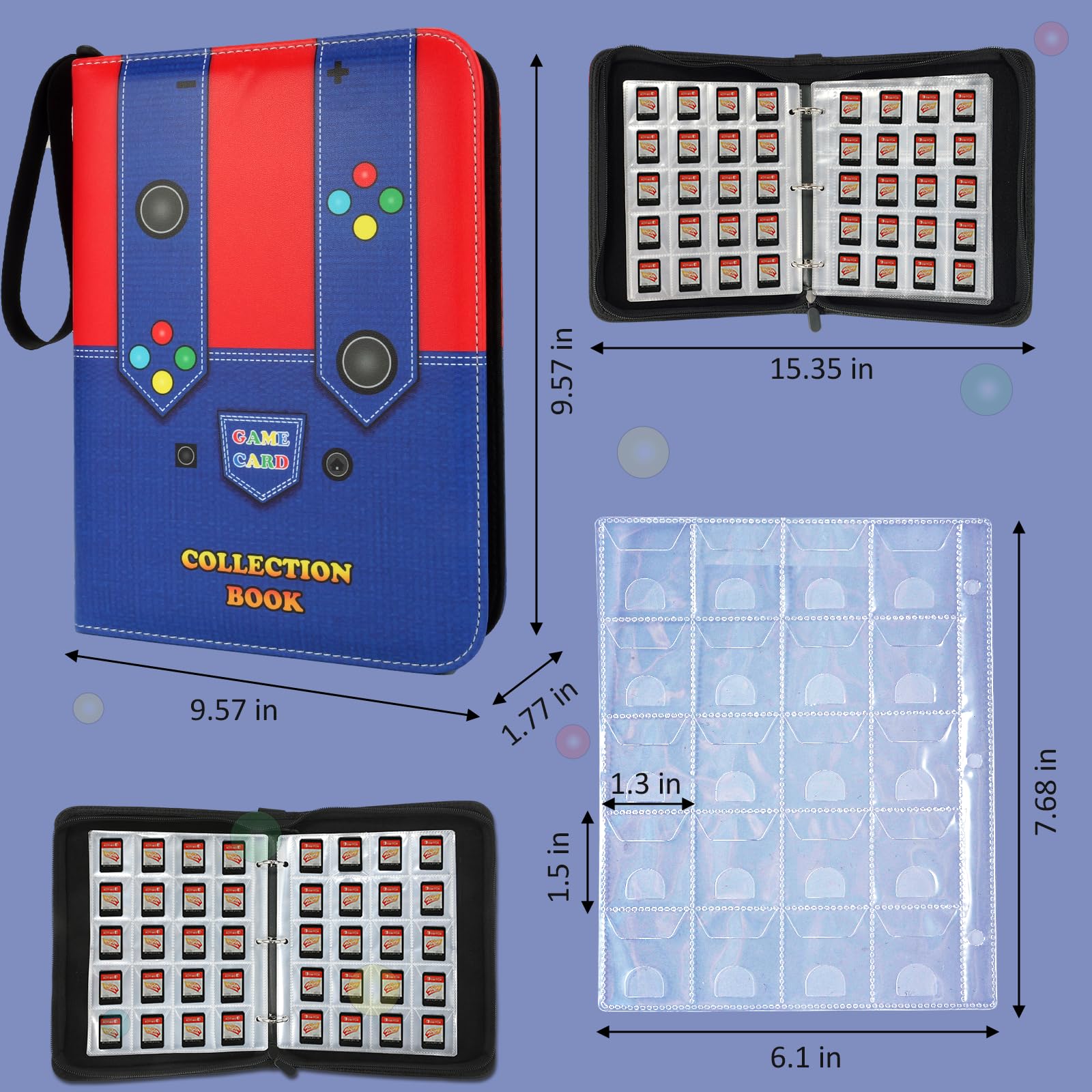Dmoicols Game Card Binder Compatible with Nintendo Switch &OLED&Lite Model,PS Vita Cartridge Case,SD Memory Card Storage Holder with Sleeves,Card Collection Book holds up to 200 Cards(Red+Blue)