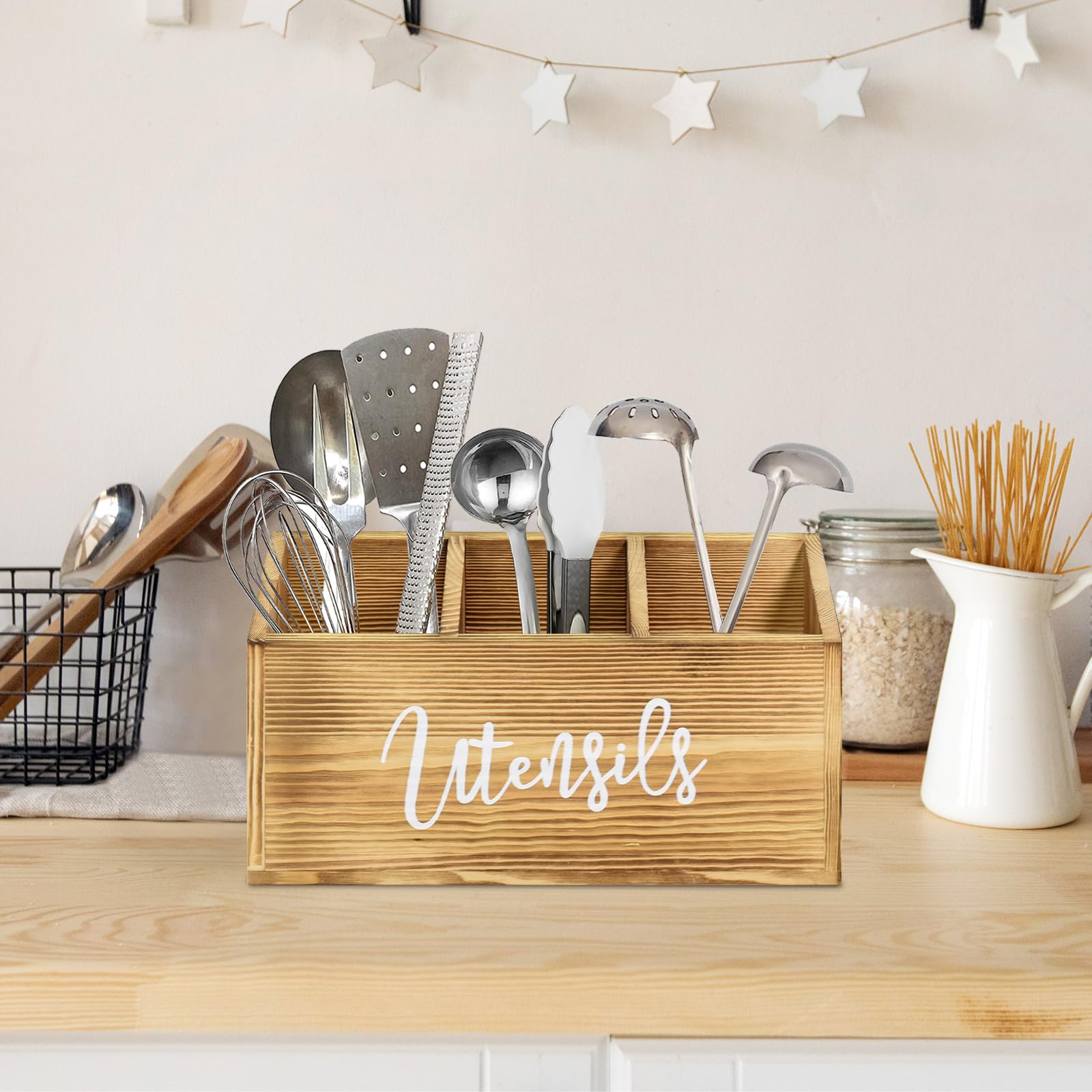 LADESIGGN Kitchen Utensil Holder with 3 Compartments, Farmhouse Kitchen Decor Utensil Holder, Cooking Tools Silverware Caddy, Kitchen Countertop Utensil Holder for Silverware Fork Spoon Spatula