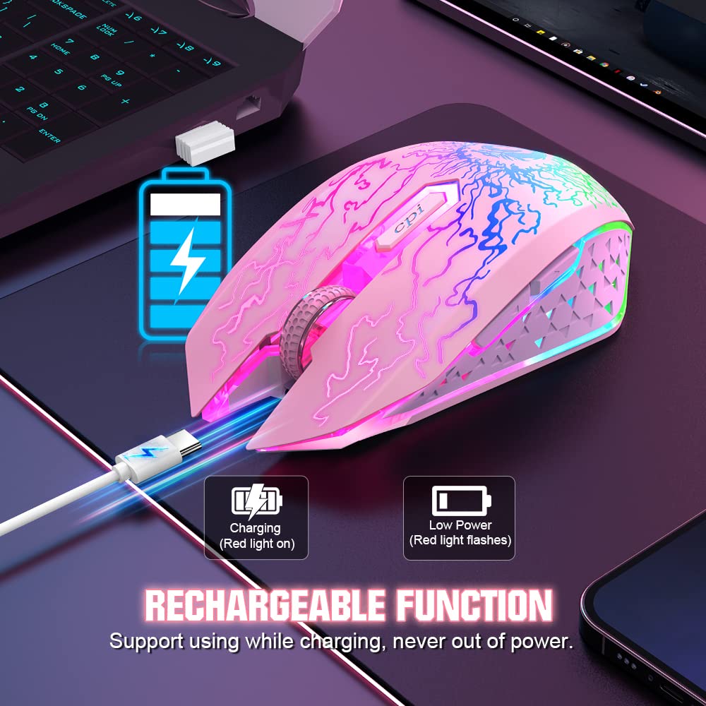 VersionTECH. Wireless Gaming Mouse, Rechargeable Computer Mouse Mice with Colorful LED Lights, Silent Click, 2.4G USB Nano Receiver, 3 Level DPI for PC Gamer Laptop Desktop Chromebook Mac-Pink