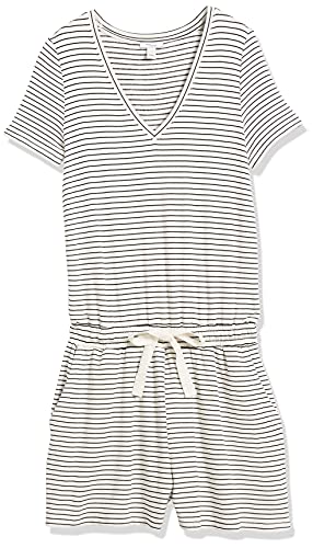 Amazon Essentials Women's Supersoft Terry Short-Sleeve V-Neck Romper (Previously Daily Ritual), Black White Thin Stripe, Large