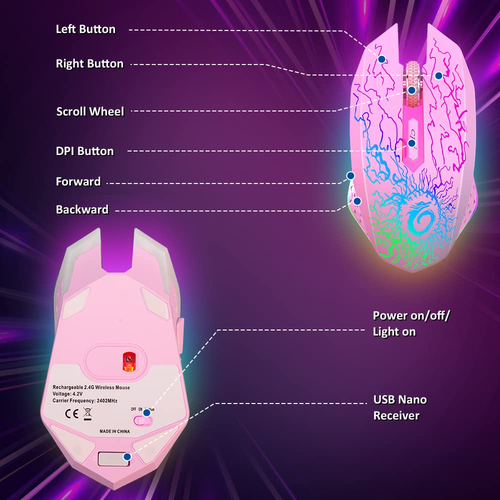 VersionTECH. Wireless Gaming Mouse, Rechargeable Computer Mouse Mice with Colorful LED Lights, Silent Click, 2.4G USB Nano Receiver, 3 Level DPI for PC Gamer Laptop Desktop Chromebook Mac-Pink