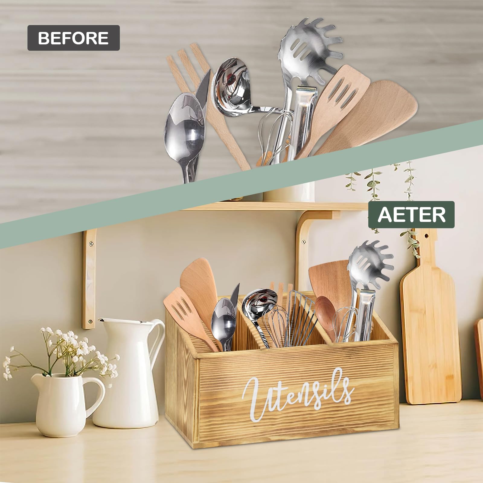 LADESIGGN Kitchen Utensil Holder with 3 Compartments, Farmhouse Kitchen Decor Utensil Holder, Cooking Tools Silverware Caddy, Kitchen Countertop Utensil Holder for Silverware Fork Spoon Spatula