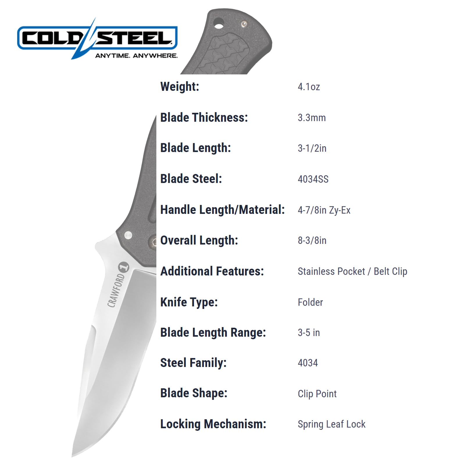 Cold Steel Crawford Model 1 3.5" 4034SS Clip Point Blade 4.875" Black Zy-Ex Handle Tactical Folding Knife, Boxed