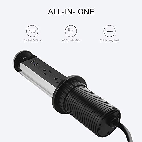 Pop Up Outlet for Kitchen Countertop,2.5" Hole Size Grommet Power Pop Out Outlet with USB,Pulling Pop Up Socket for Home,Office Worktop,Telescoping Power Solution,6ft Power Cord