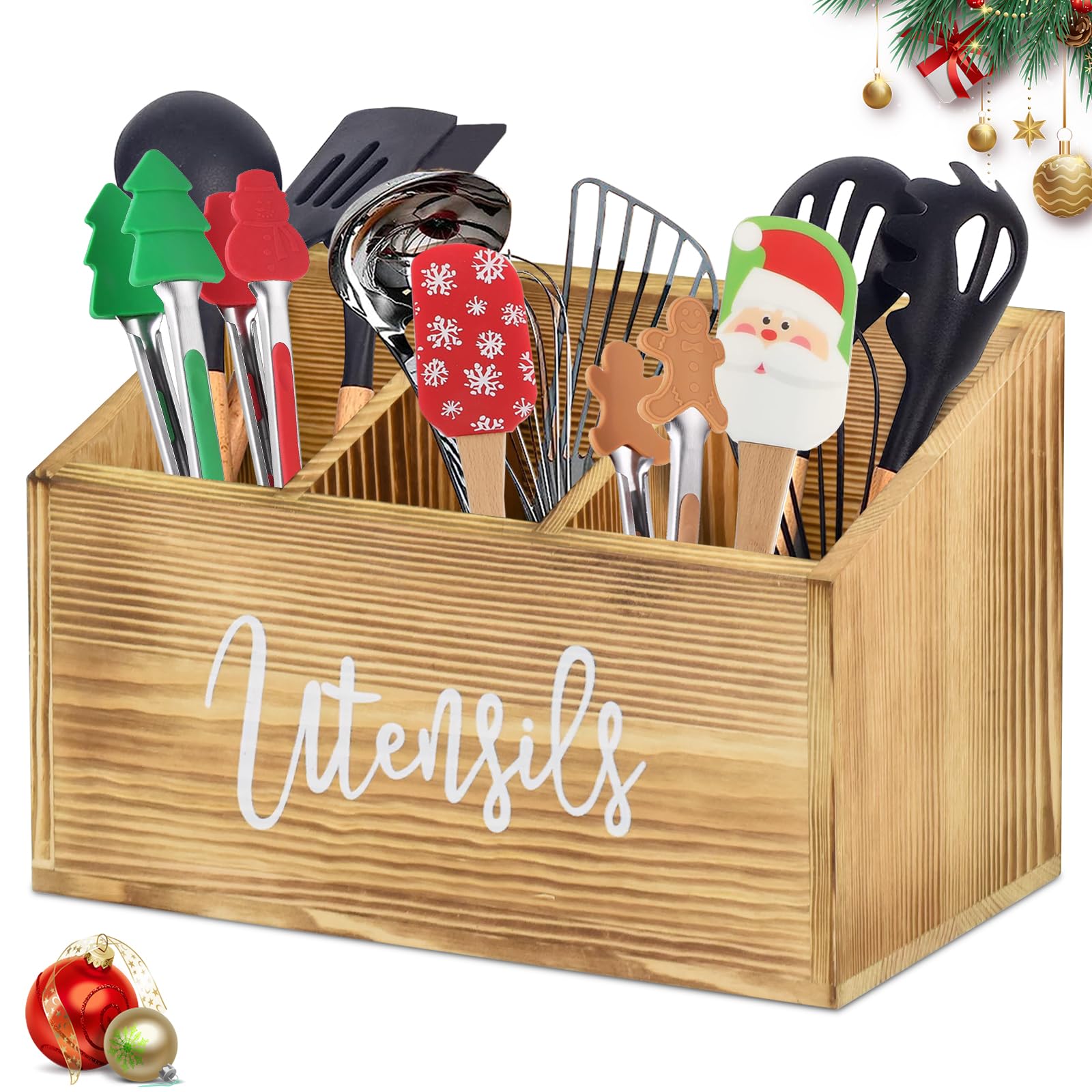 LADESIGGN Kitchen Utensil Holder with 3 Compartments, Farmhouse Kitchen Decor Utensil Holder, Cooking Tools Silverware Caddy, Kitchen Countertop Utensil Holder for Silverware Fork Spoon Spatula