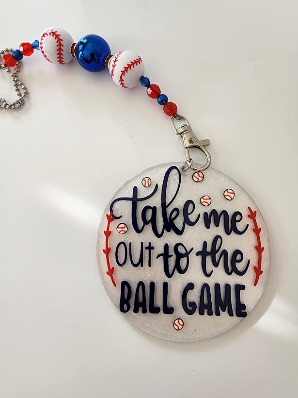 TAKE ME OUT TO THE BALLGAME UV RESIN/ACRYLIC REAR VIEW MIRROR BEADED CAR CHARM – HANDMADE – FREE STANDARD SHIPPING