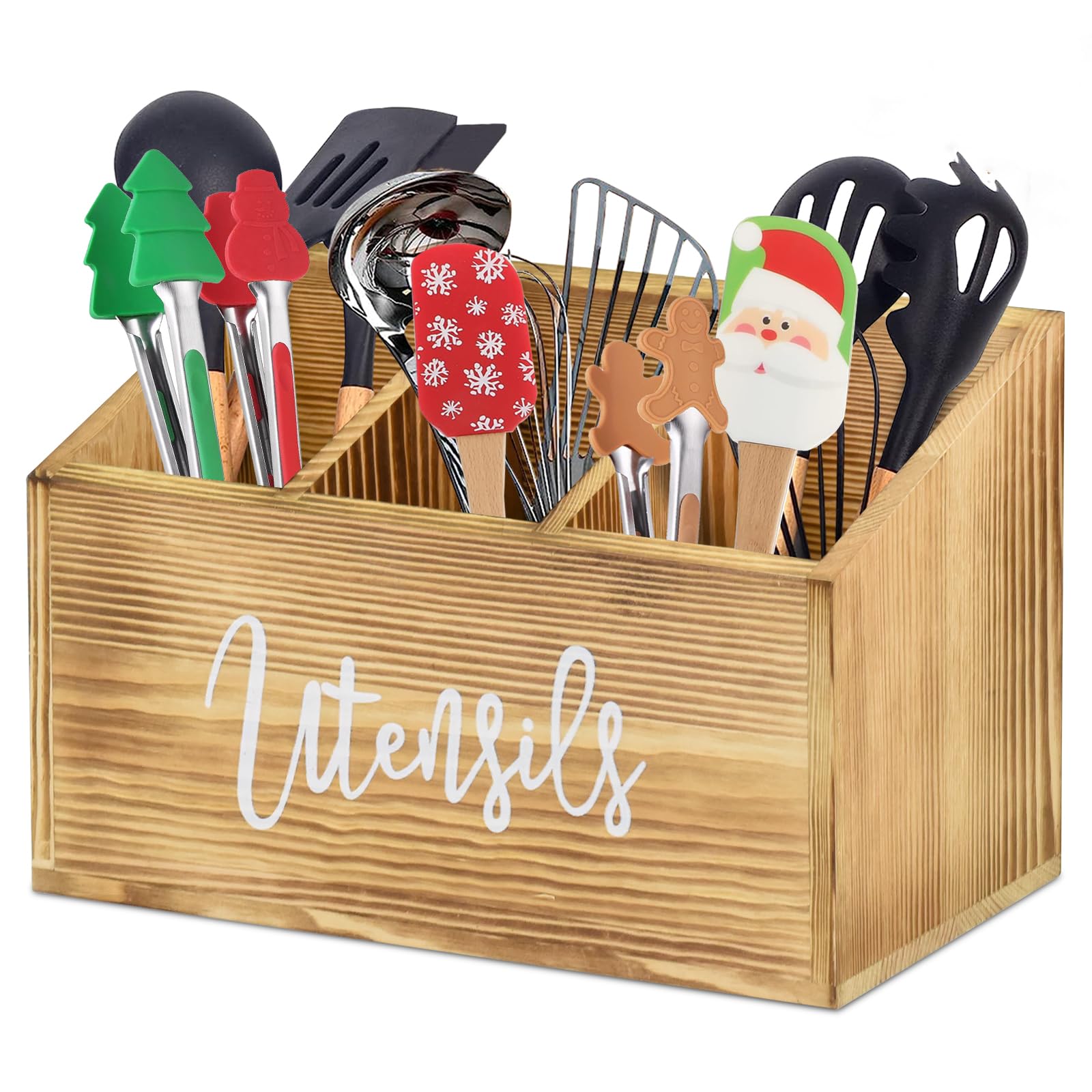 LADESIGGN Kitchen Utensil Holder with 3 Compartments, Farmhouse Kitchen Decor Utensil Holder, Cooking Tools Silverware Caddy, Kitchen Countertop Utensil Holder for Silverware Fork Spoon Spatula