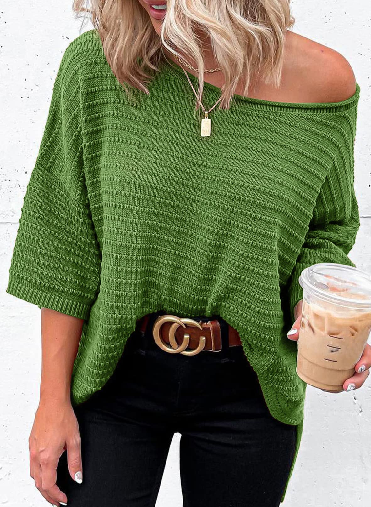 Dokotoo Womens Fashion Juniors Fall Summer Shirts and Blouses for Women 2024 Pullover Sweaters T-Shirts Off Shoulder 3/4 Sleeve Tunic Tops Loose Tee Shirts Light Green Medium
