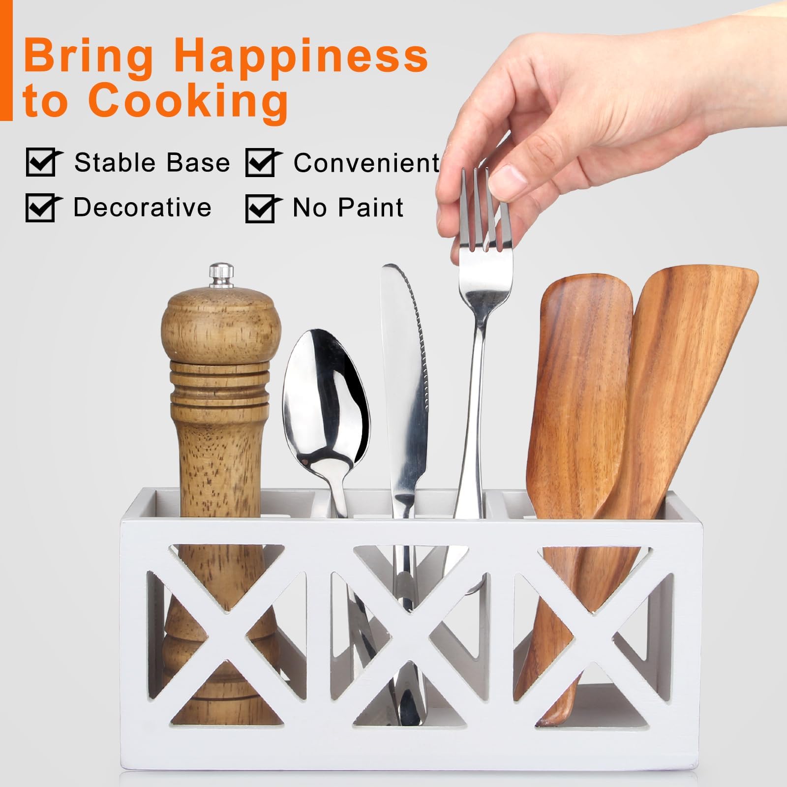 Wooden Cutlery Silverware Holder Flatware Utensil Caddy Wood Silverware Organizer Storage Containers for Kitchen Countertop, Forks, Spoon, Knives Kitchen Utensil Holder White Silverware Caddies