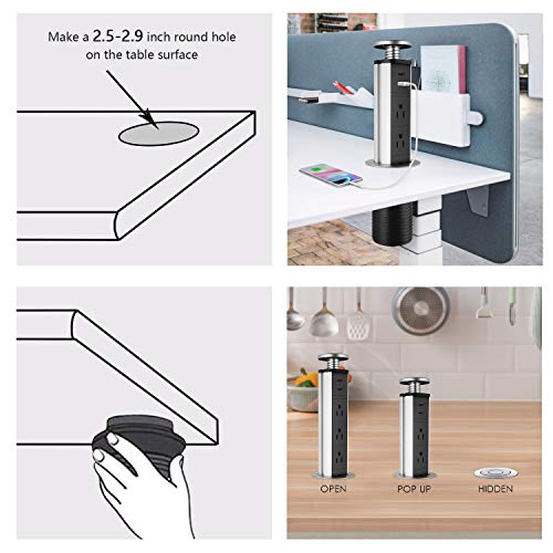 Pop Up Outlet for Kitchen Countertop,2.5" Hole Size Grommet Power Pop Out Outlet with USB,Pulling Pop Up Socket for Home,Office Worktop,Telescoping Power Solution,6ft Power Cord