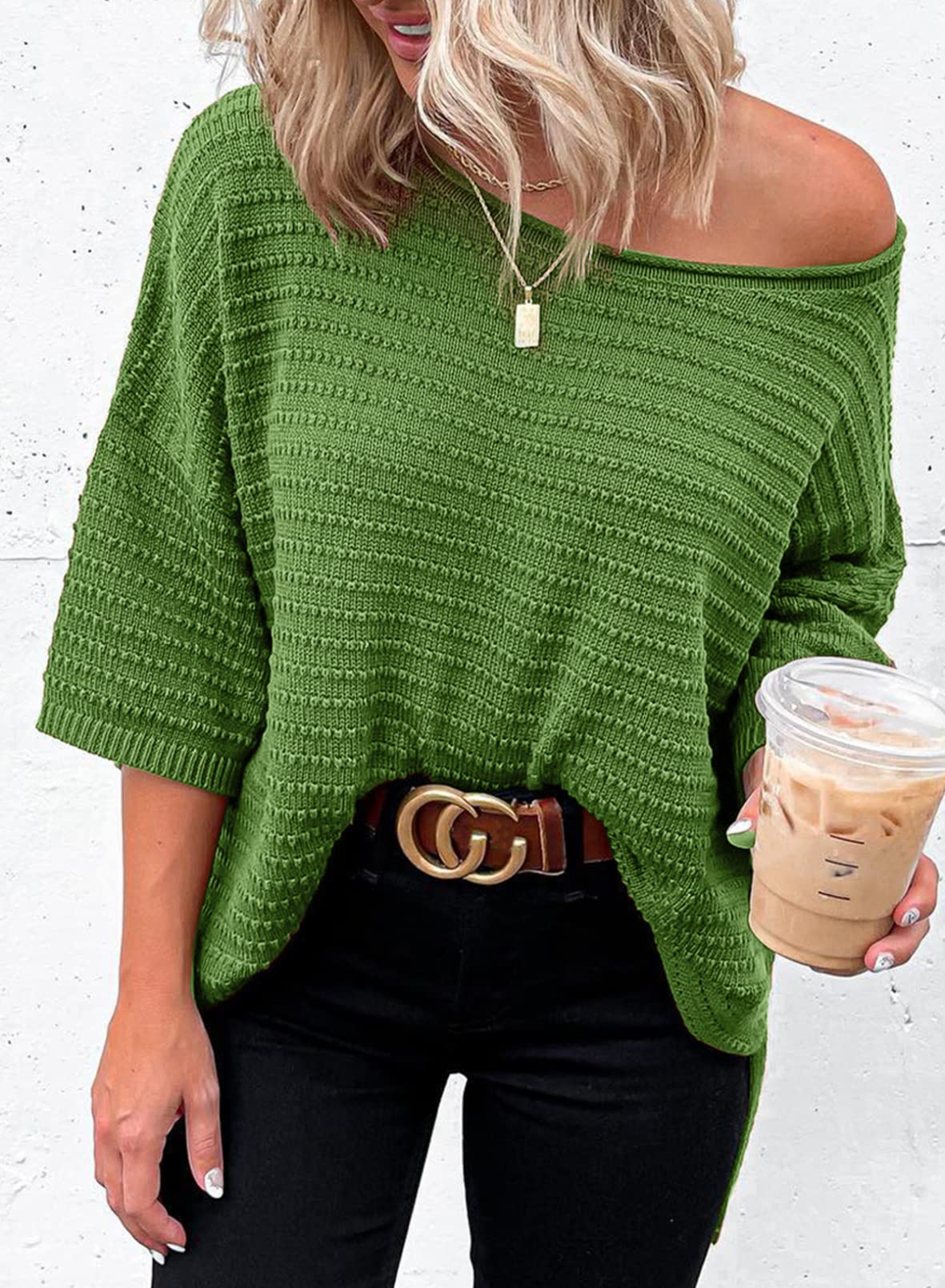 Dokotoo Womens Fashion Juniors Fall Summer Shirts and Blouses for Women 2024 Pullover Sweaters T-Shirts Off Shoulder 3/4 Sleeve Tunic Tops Loose Tee Shirts Light Green Medium