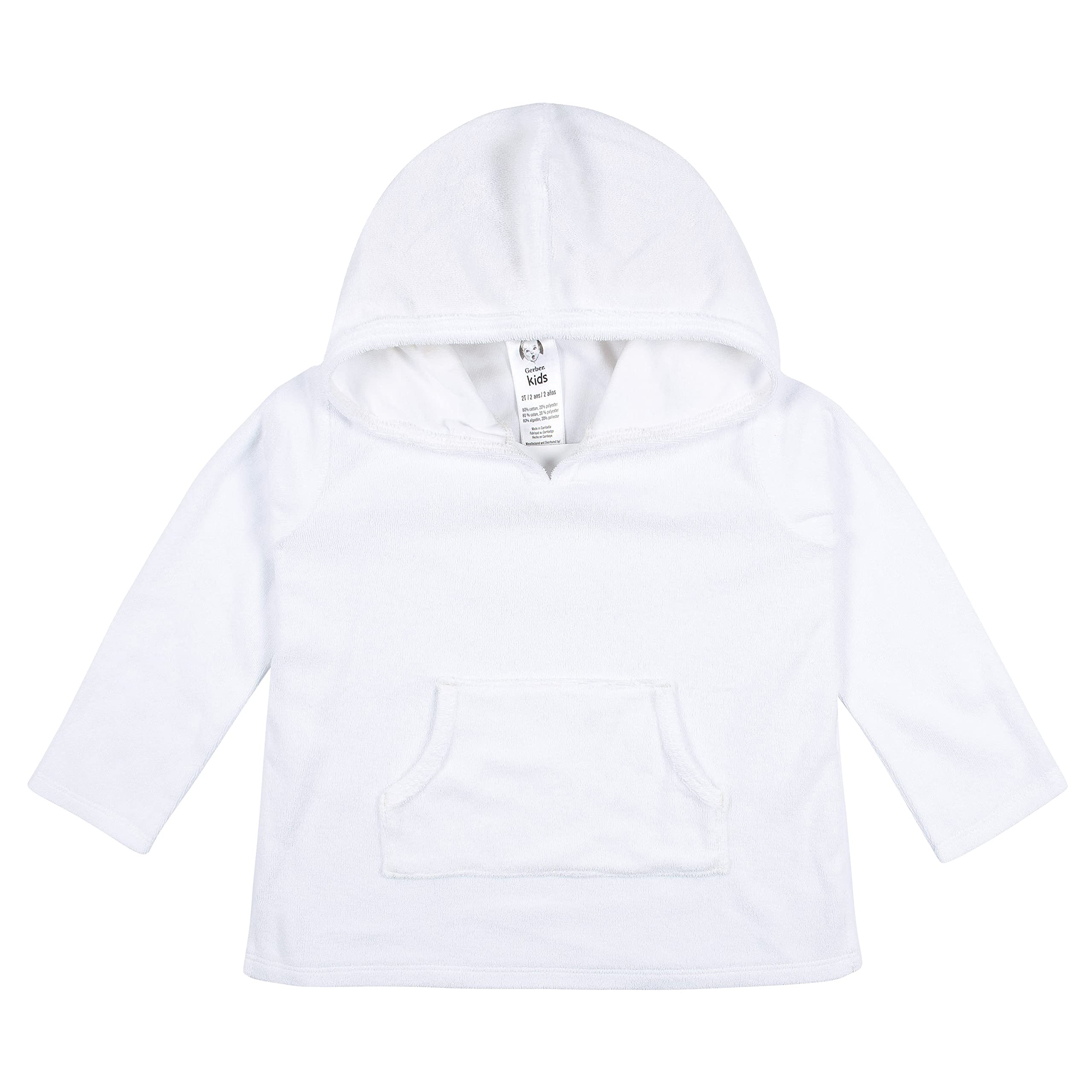 Gerber Unisex Baby Toddler Hooded Kangaroo Pocket Terry Cover Up, White, 3T
