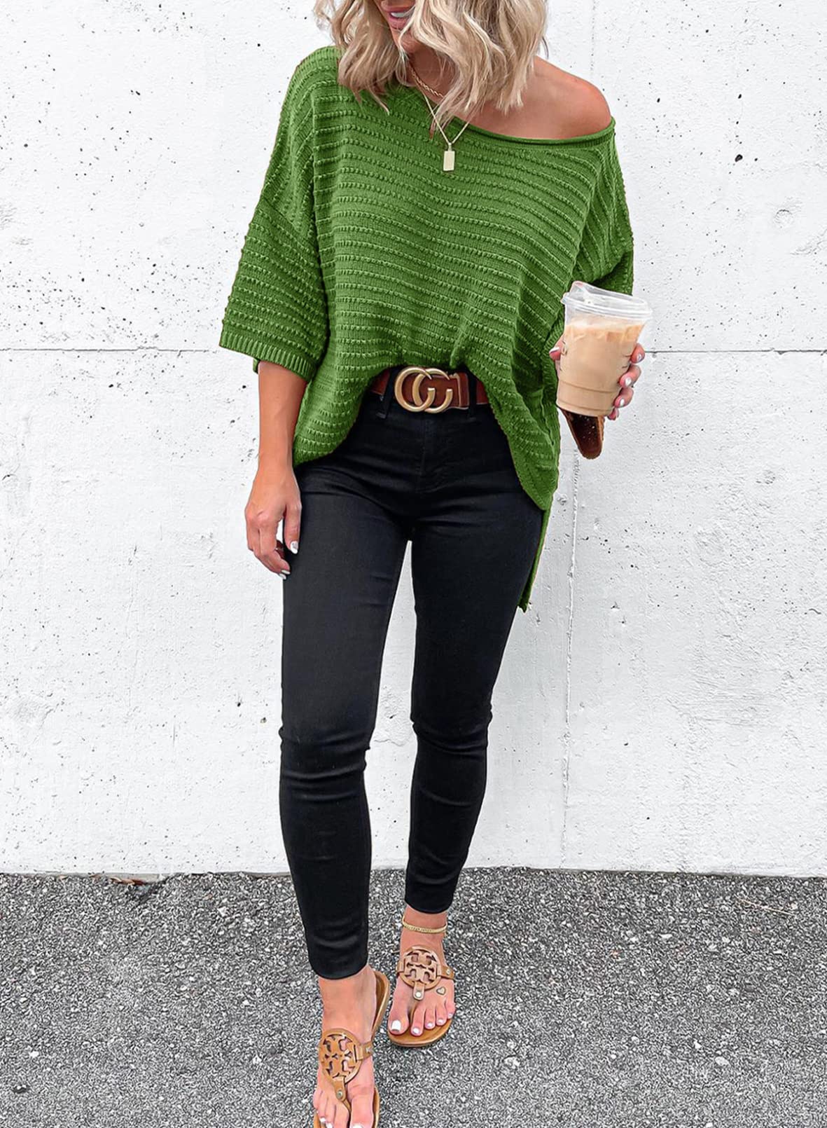 Dokotoo Womens Fashion Juniors Fall Summer Shirts and Blouses for Women 2024 Pullover Sweaters T-Shirts Off Shoulder 3/4 Sleeve Tunic Tops Loose Tee Shirts Light Green Medium