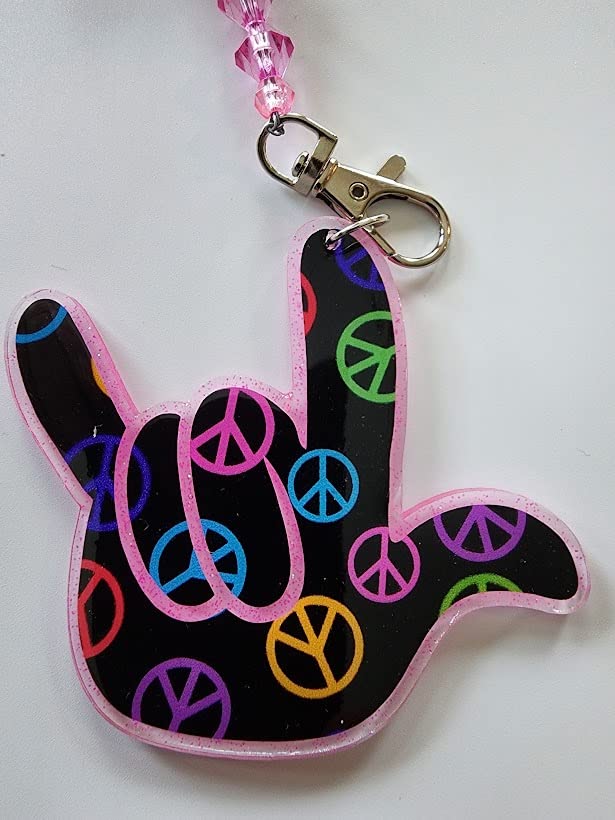 PEACE AND LOVE PINK GLOW IN THE DARK BEADED REAR VIEW MIRROR HANGINGE CAR CHARM - HANDMADE - FREE STANDARD SHIPPING