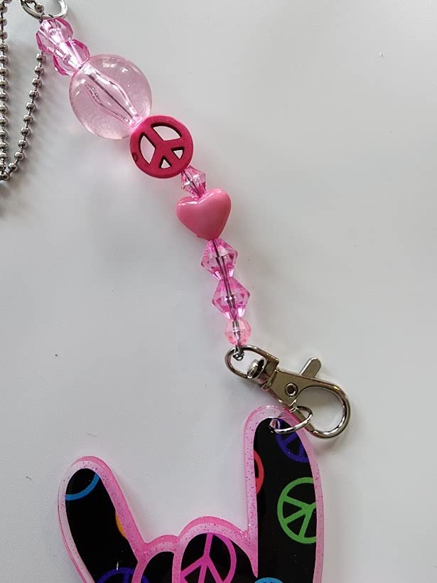 PEACE AND LOVE PINK GLOW IN THE DARK BEADED REAR VIEW MIRROR HANGINGE CAR CHARM - HANDMADE - FREE STANDARD SHIPPING