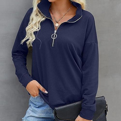 Half zip sweatshirt women Womens quarter zip pullover Women Clothing Womens Clothes Womens Sweatshirt Basic Long Sleeve Tops for Women Tops for Women 2023 Quarter Zip Pullover Women(1-Navy,X-Large)