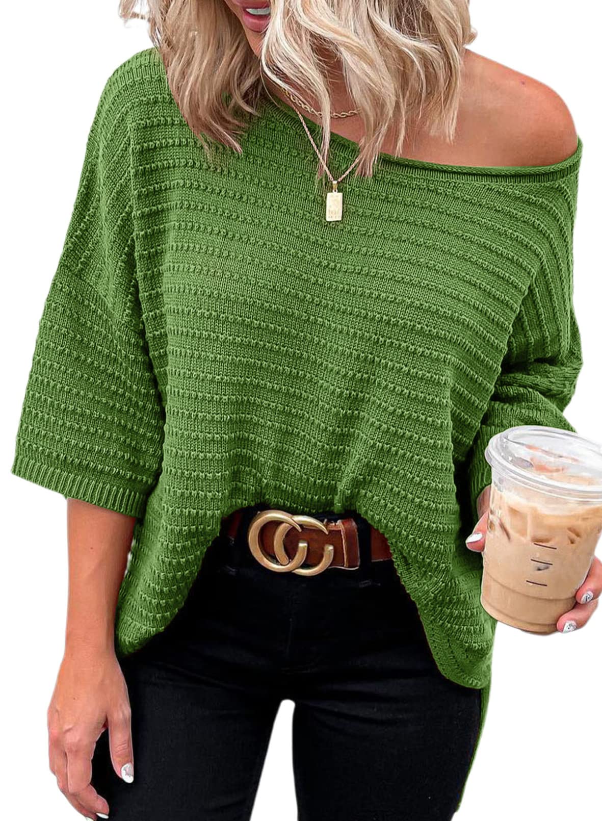 Dokotoo Womens Fashion Juniors Fall Summer Shirts and Blouses for Women 2024 Pullover Sweaters T-Shirts Off Shoulder 3/4 Sleeve Tunic Tops Loose Tee Shirts Light Green Medium