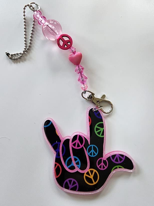 PEACE AND LOVE PINK GLOW IN THE DARK BEADED REAR VIEW MIRROR HANGINGE CAR CHARM - HANDMADE - FREE STANDARD SHIPPING