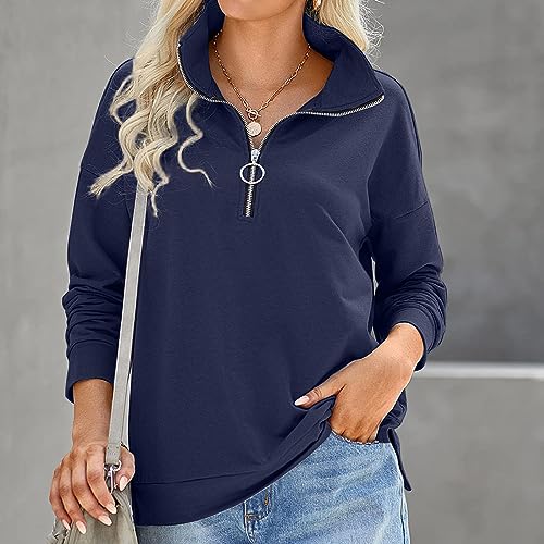 Half zip sweatshirt women Womens quarter zip pullover Women Clothing Womens Clothes Womens Sweatshirt Basic Long Sleeve Tops for Women Tops for Women 2023 Quarter Zip Pullover Women(1-Navy,X-Large)