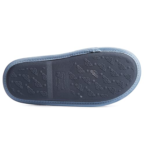 Laura Ashley Womens Plush Terry Open Toe Memory Foam Spa Slippers, Rubber Sole Bow Band Home Slides Slipper for Ladies, Resort Blue, Medium