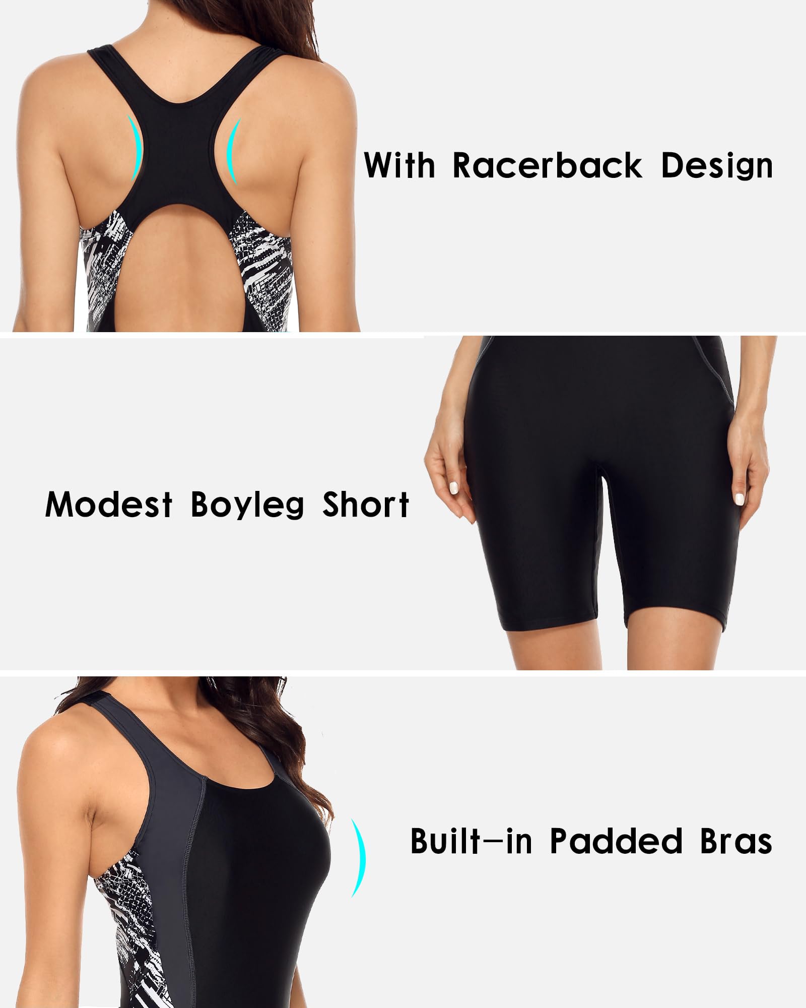 beautyin Women's Sports One Piece Swimsuit Boyshort Racerback Padded Swimwear M