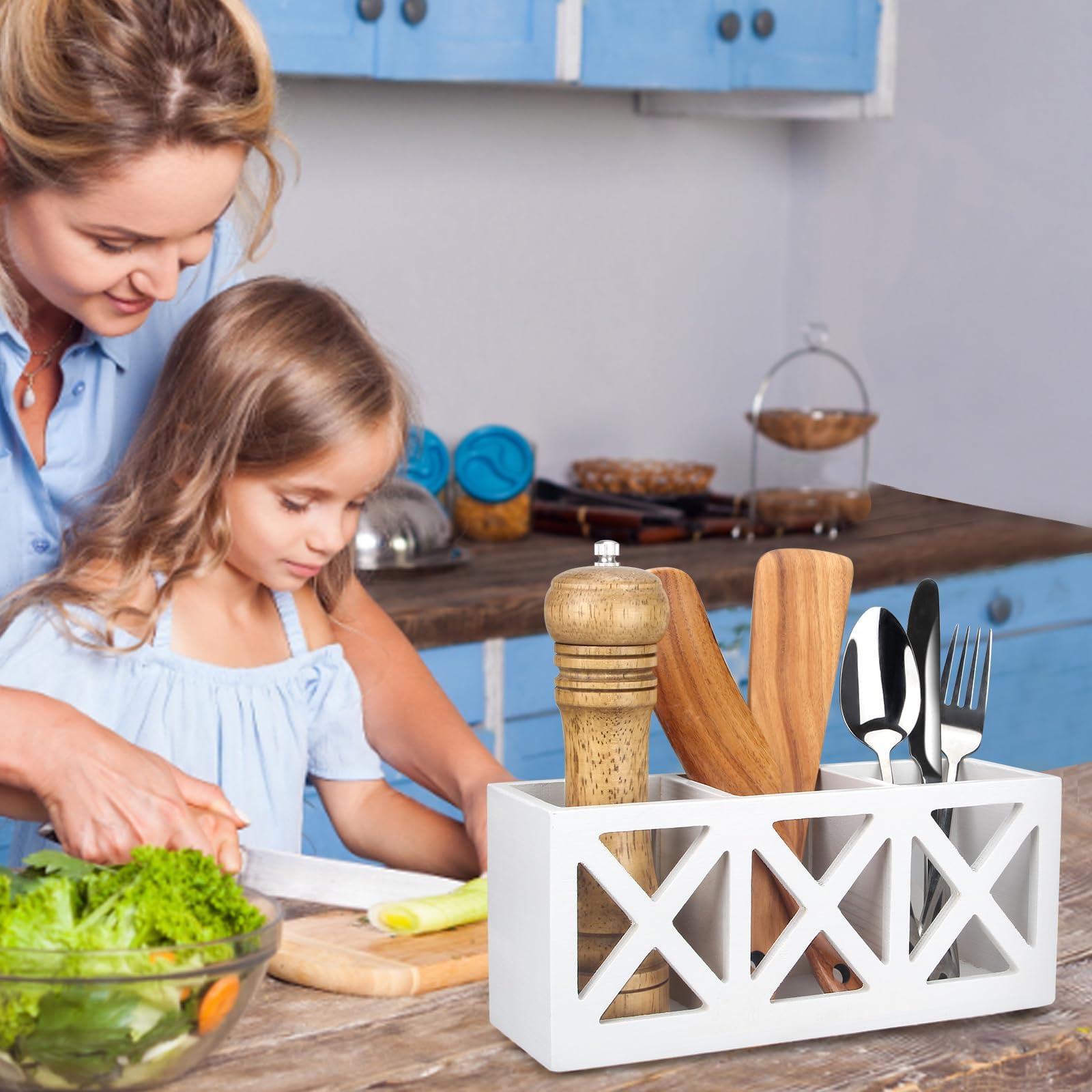 Wooden Cutlery Silverware Holder Flatware Utensil Caddy Wood Silverware Organizer Storage Containers for Kitchen Countertop, Forks, Spoon, Knives Kitchen Utensil Holder White Silverware Caddies