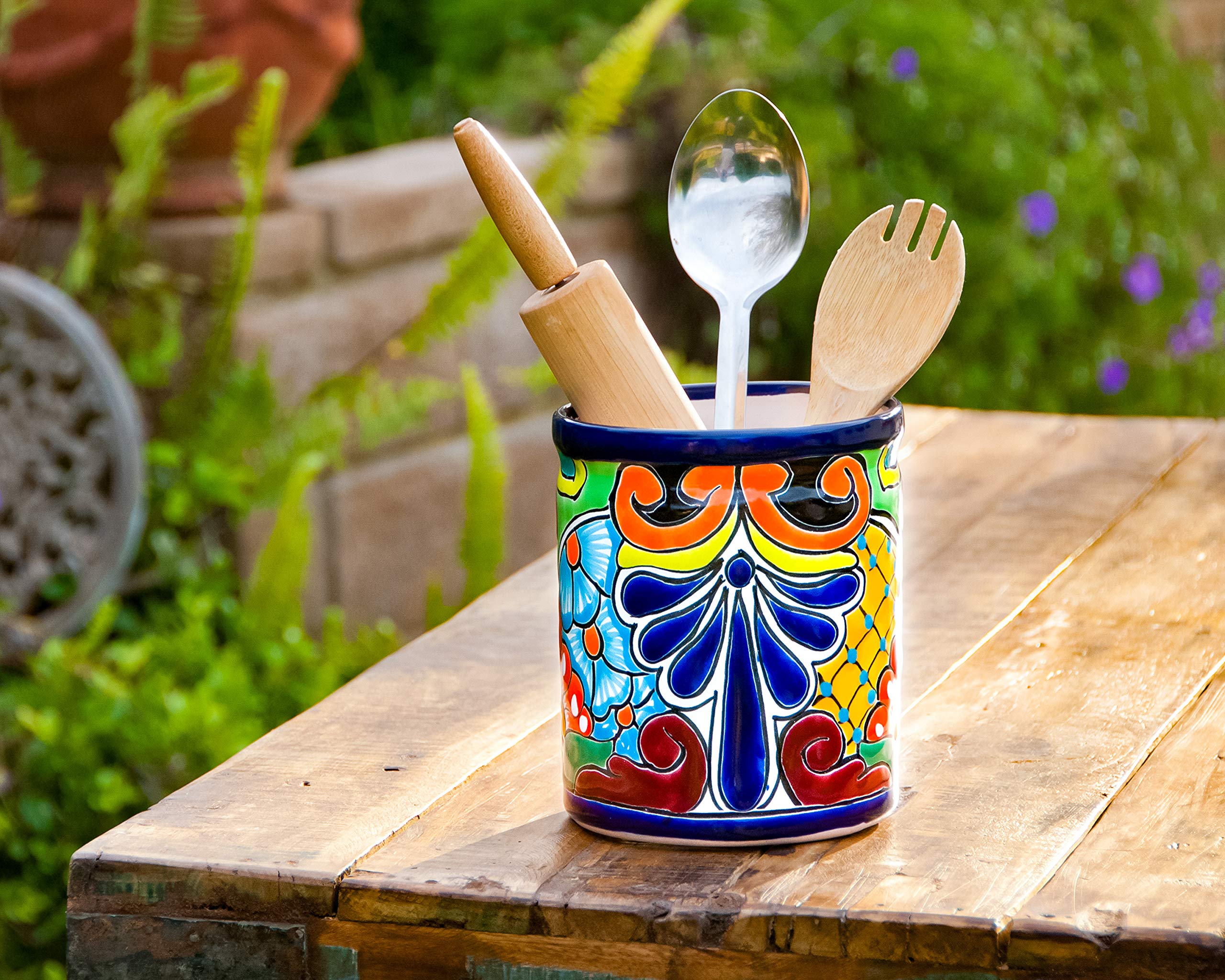 Enchanted Talavera Ceramic Large Utensil Holder Spatula Crock Kitchen Counter Organizer Mexican Pottery Utensils Tools Caddy Spoon Rest White Ceramic (Cobalt Large (7.5" H x 6" W)