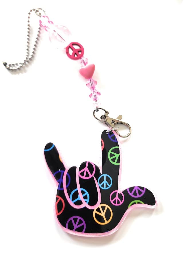 PEACE AND LOVE PINK GLOW IN THE DARK BEADED REAR VIEW MIRROR HANGINGE CAR CHARM - HANDMADE - FREE STANDARD SHIPPING