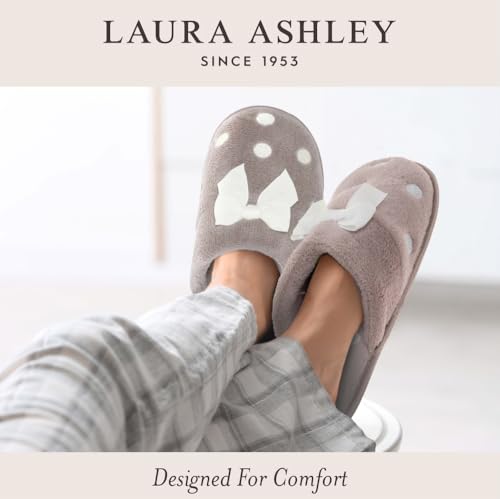 Laura Ashley Womens Plush Terry Open Toe Memory Foam Spa Slippers, Rubber Sole Bow Band Home Slides Slipper for Ladies, Resort Blue, Medium