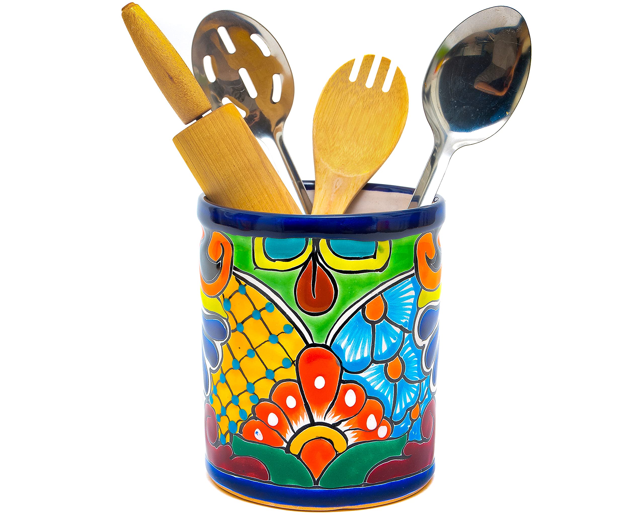 Enchanted Talavera Ceramic Large Utensil Holder Spatula Crock Kitchen Counter Organizer Mexican Pottery Utensils Tools Caddy Spoon Rest White Ceramic (Cobalt Large (7.5" H x 6" W)