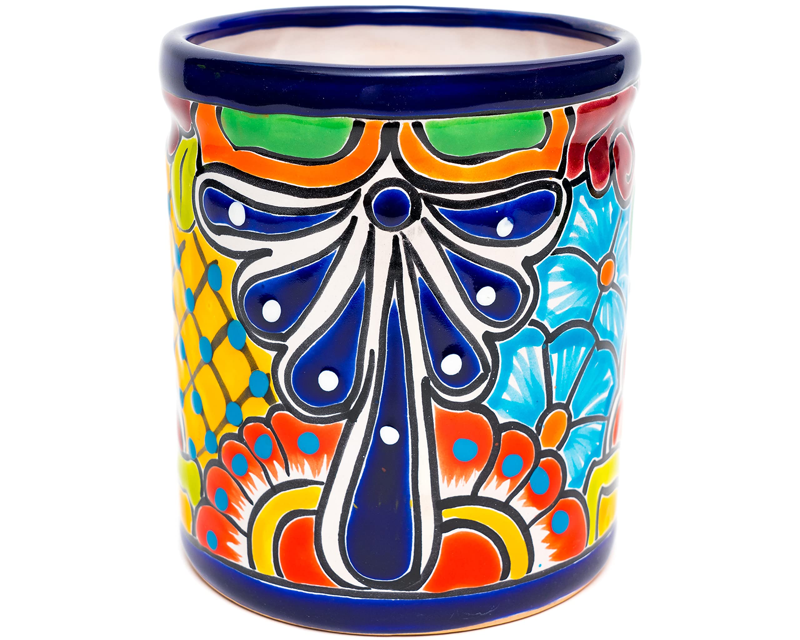 Enchanted Talavera Ceramic Large Utensil Holder Spatula Crock Kitchen Counter Organizer Mexican Pottery Utensils Tools Caddy Spoon Rest White Ceramic (Cobalt Large (7.5" H x 6" W)