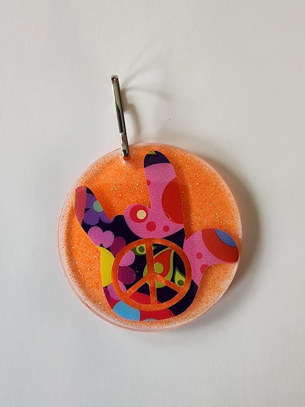 ORANGE FLOWER POWER PEACE & LOVE 2IN ROUND RESIN & ACRYLIC ZIPPER PULL BACKPACK CHARM - HANDMADE - FREE STANDARD SHIPPING