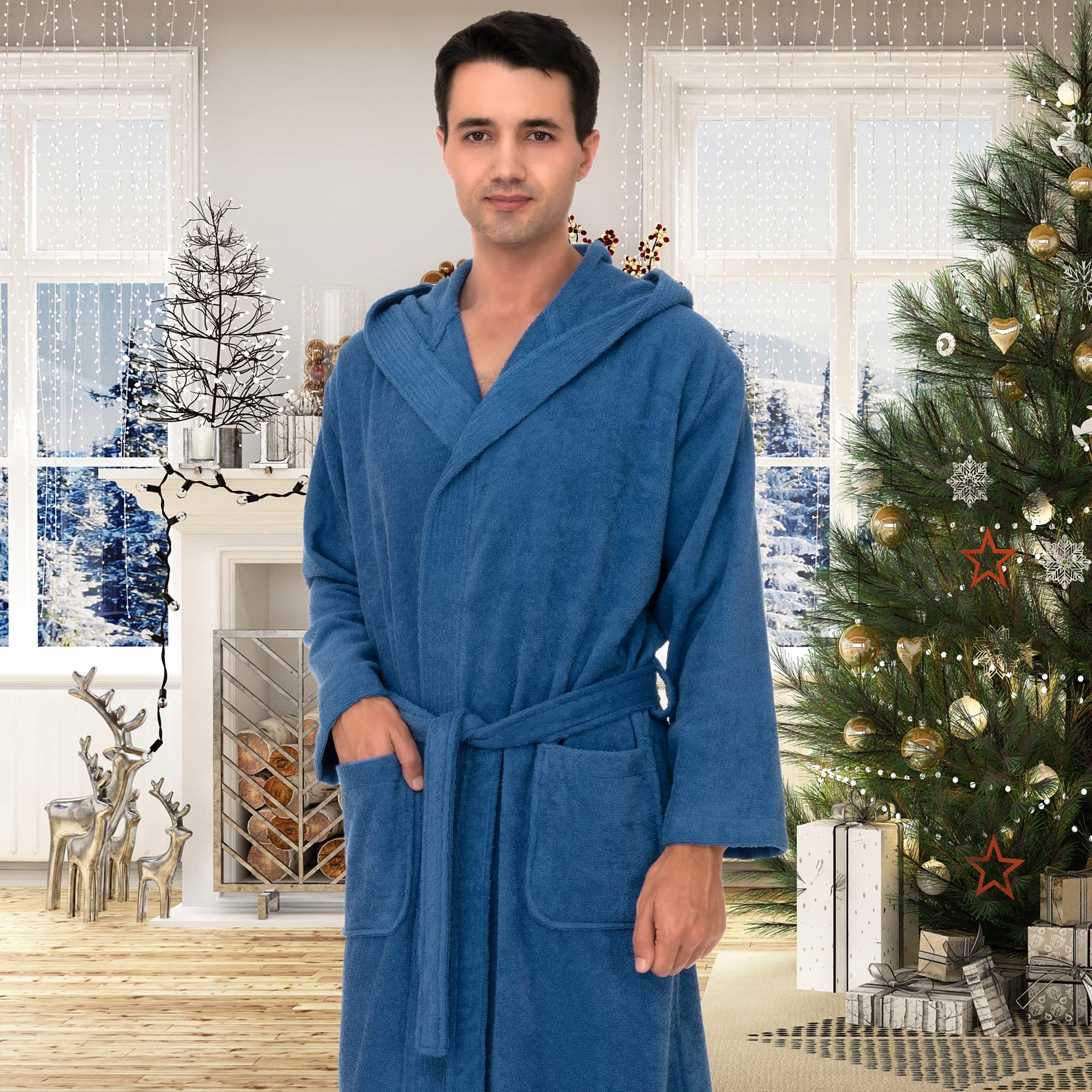 TowelSelections Mens Hooded Robe, Premium Cotton Terry Cloth Bathrobe, Soft Bath Robes for Men XX-Large Blue