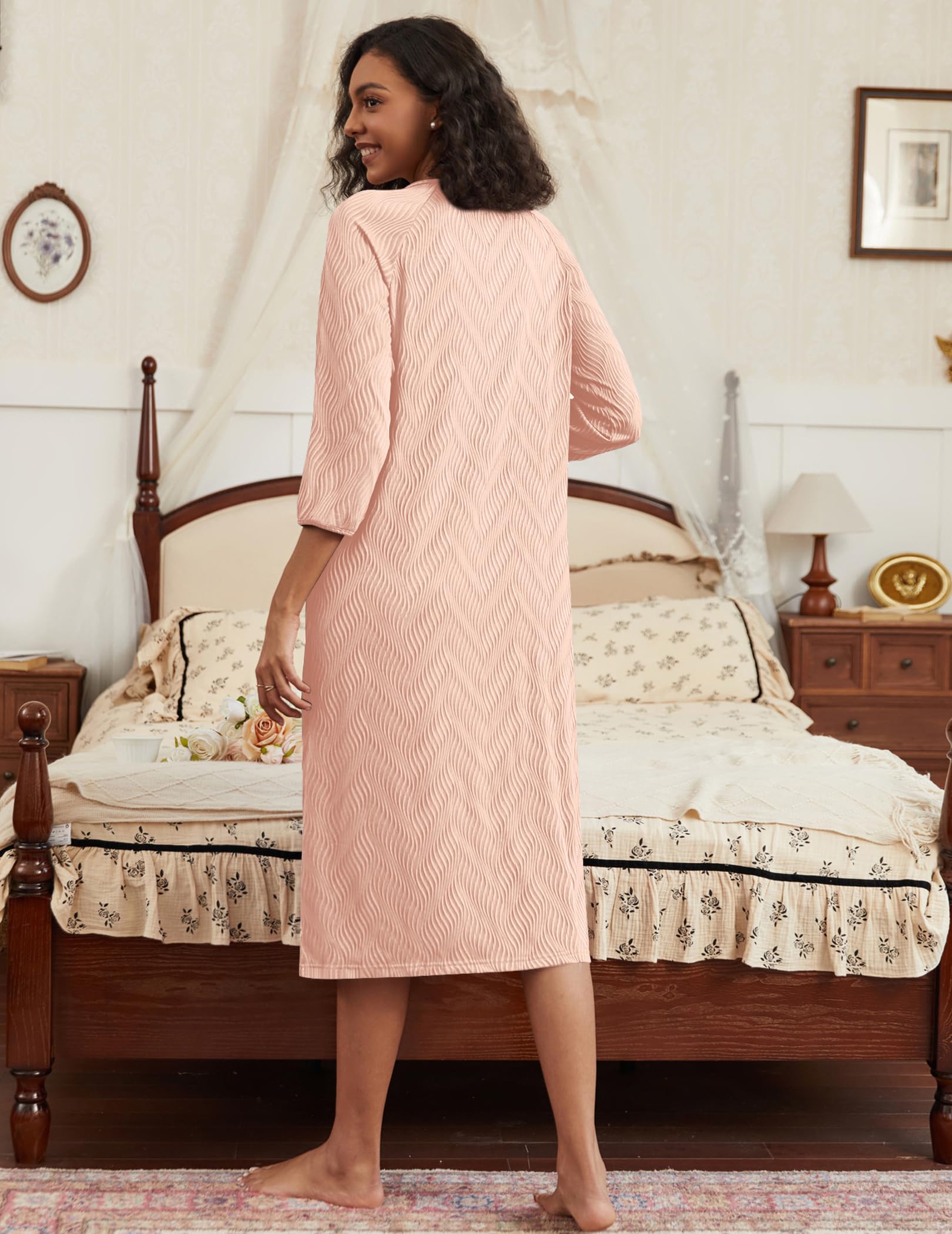 Ekouaer Zipper Robes for Women Ribbed Knit Bathrobe Lightweight Full Length Loungewear with Pockets Misty Pink,L