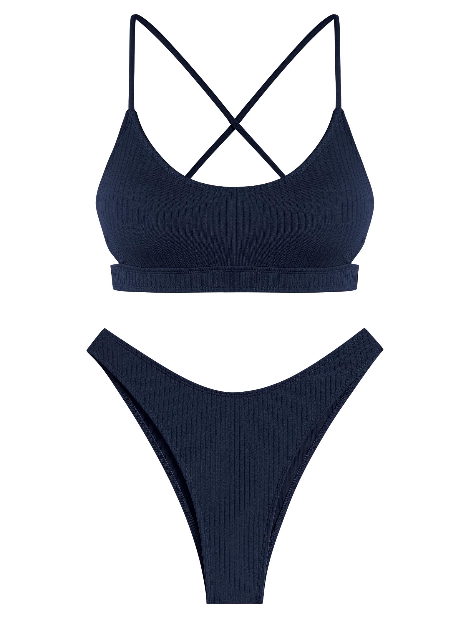 ZAFUL Women's Cutout Bikini Scoop Neck Ribbed High Cut Bikini Sets Two Piece Swimsuit (1-Deep Blue, S)