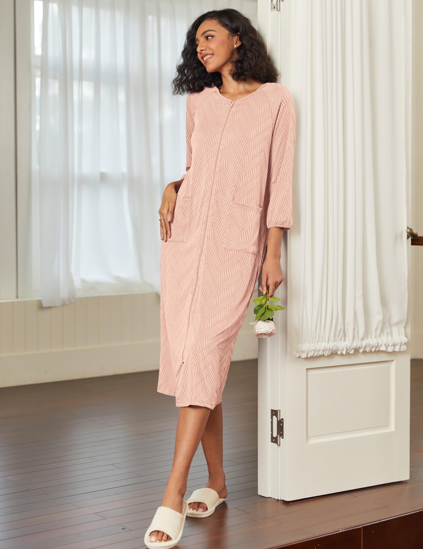 Ekouaer Zipper Robes for Women Ribbed Knit Bathrobe Lightweight Full Length Loungewear with Pockets Misty Pink,L