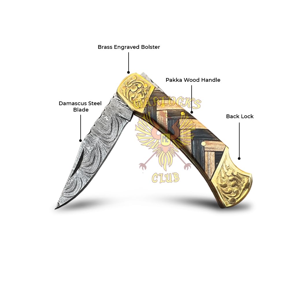 WARLOCKS CLUB Handmade Damascus Pocket Knife with Sheath, 7" Folding Hunting Knife with Wood Handle, Small Camping Knife for Outdoor