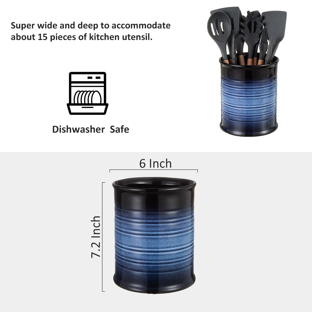 Nihow Kitchen Utensil Holder: 7.2 Inch Extra Large Ceramic Utensil Holder for Countertop - Stable Utensil Crock for Kitchen Counter Decor - Elegant Blue & Black (1PC)