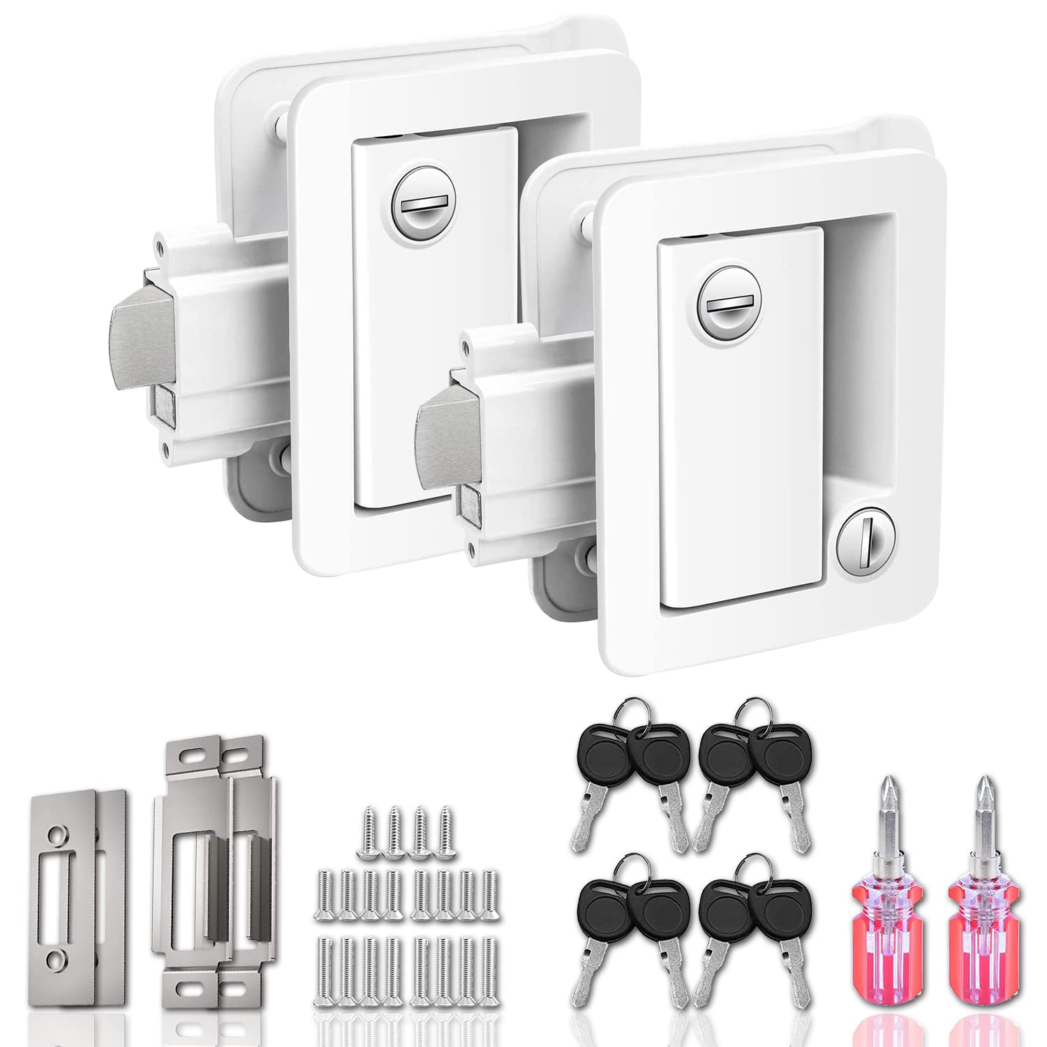 RV Door Lock 2 Pack White Camper Door Lock Travel Trailer Door Latch Zinc Alloy RV Entry Door Latch RV Door Lock Replacement Kit with Keys for Camper Horse Trailer Cargo Hauler