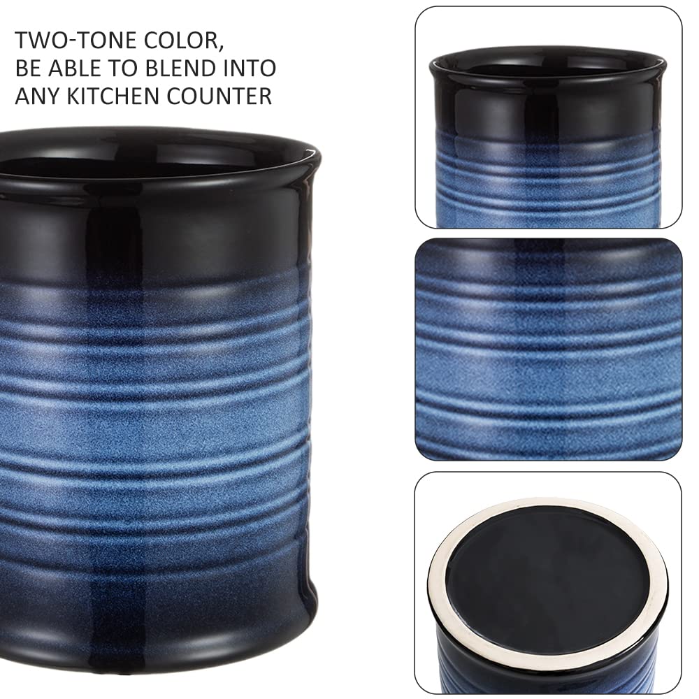 Nihow Kitchen Utensil Holder: 7.2 Inch Extra Large Ceramic Utensil Holder for Countertop - Stable Utensil Crock for Kitchen Counter Decor - Elegant Blue & Black (1PC)