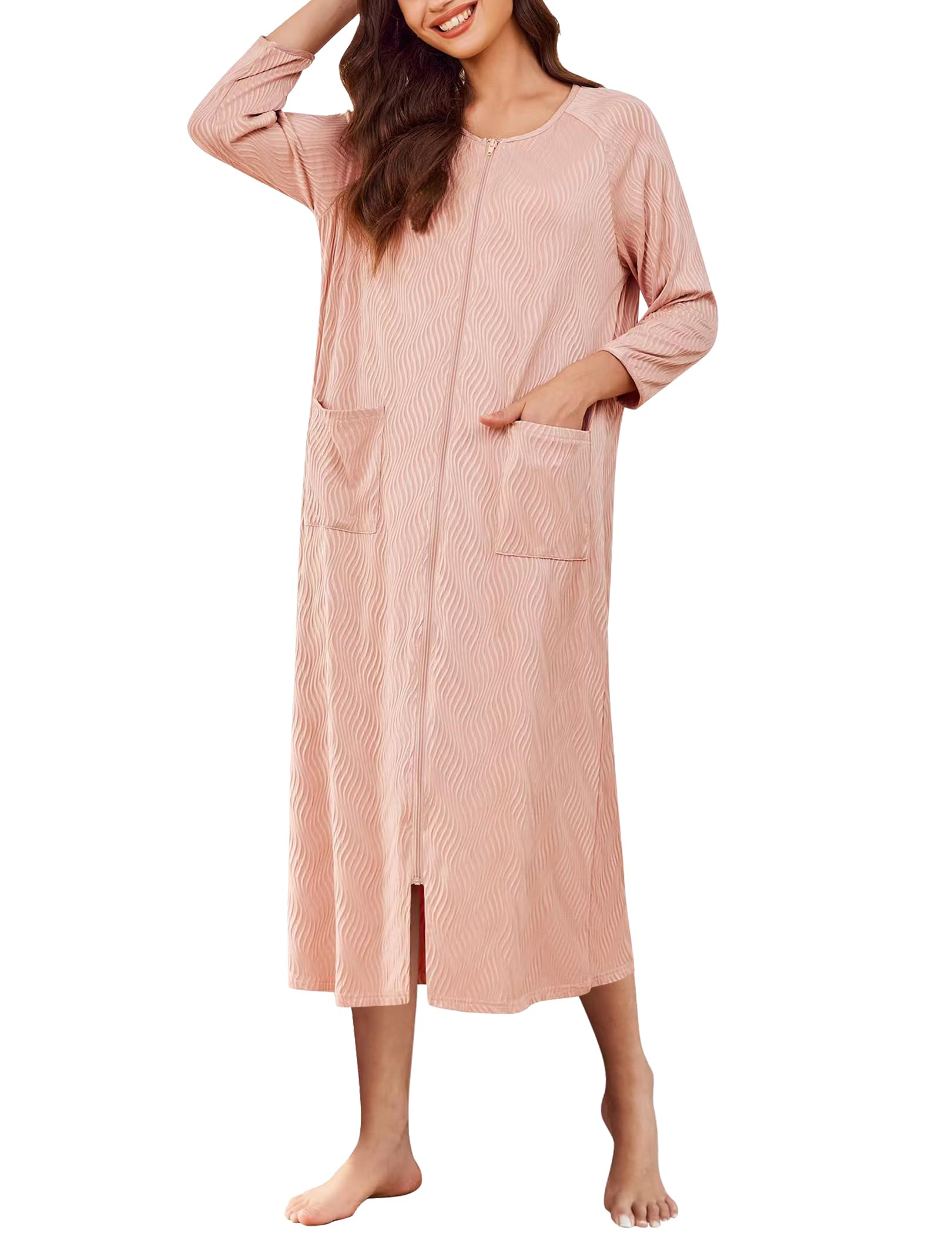 Ekouaer Zipper Robes for Women Ribbed Knit Bathrobe Lightweight Full Length Loungewear with Pockets Misty Pink,L
